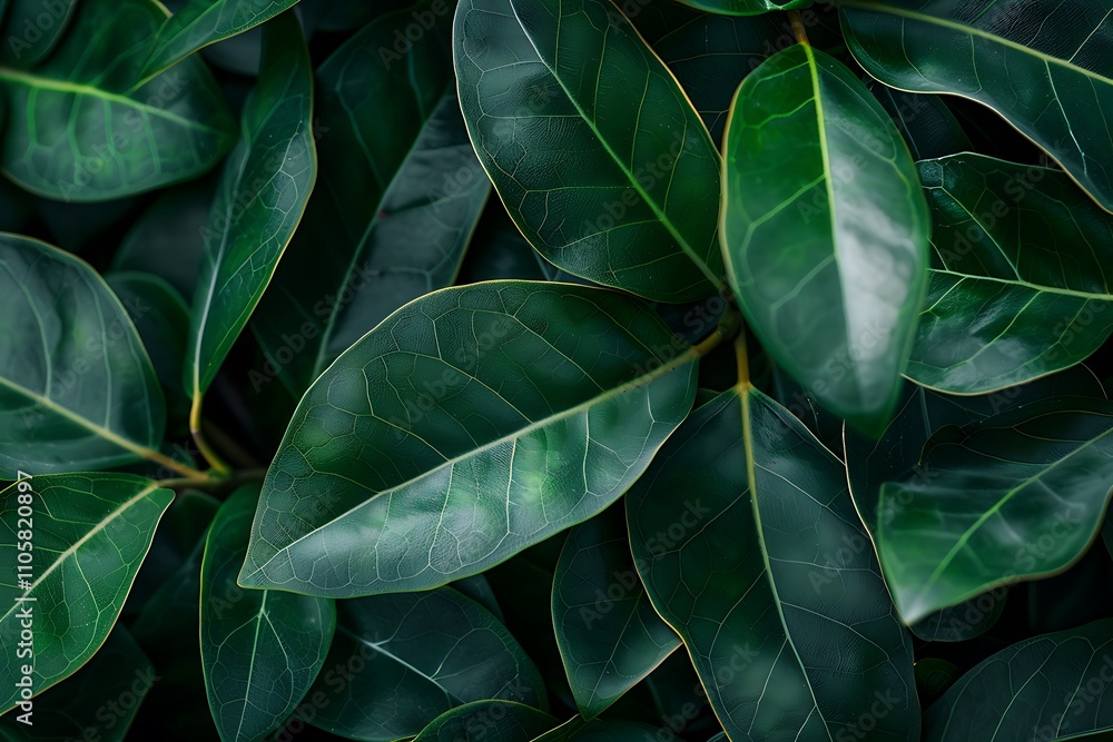 A detailed view of the glossy, dark green leaves of a laurel tree, with ...