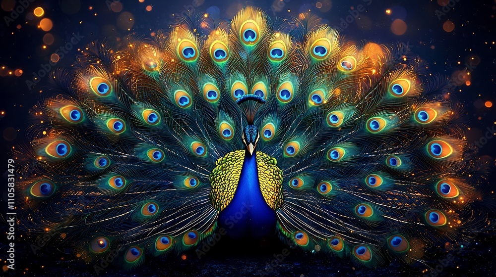 Vibrant Symmetrical Peacock Feather Pattern in Shades of Blue Green and ...