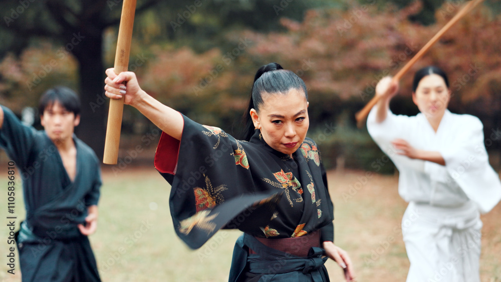 Martial arts, Japanese people and instructor with wood sword for fight ...