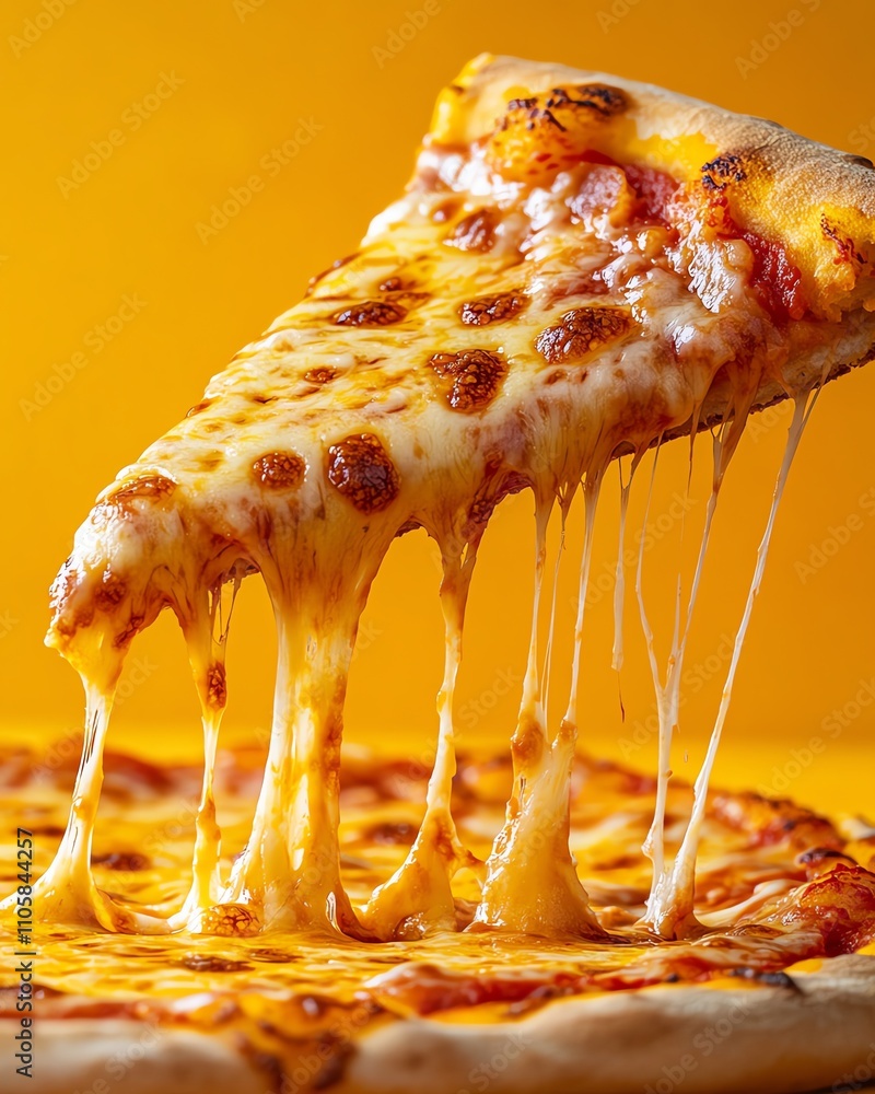 Slice of cheesy pizza with gooey strings, bright yellow backdrop Stock ...