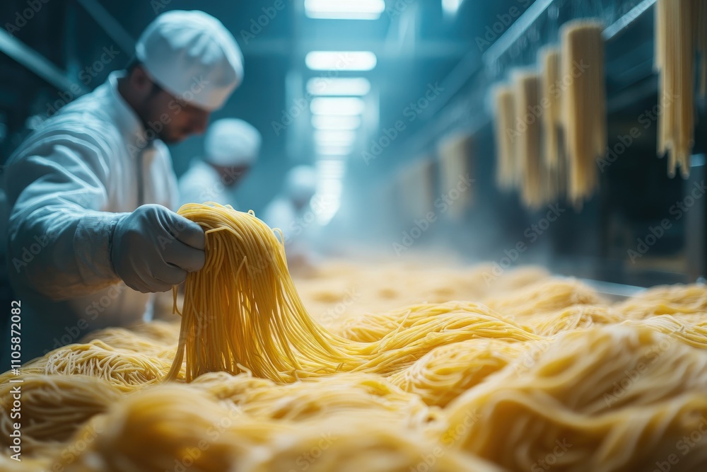 A traditional Italian pasta factory with workers in white uniforms ...
