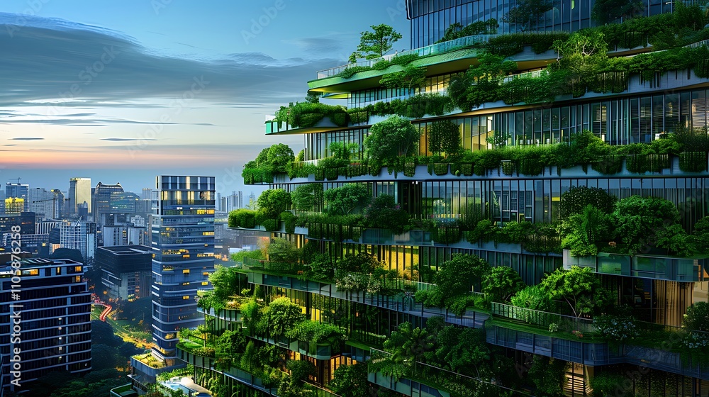 Envision an innovative urban boulevard with buildings featuring green ...