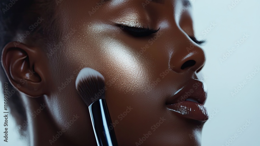 A close-up of a woman's cheek as a brush sweeps highlighter onto her ...