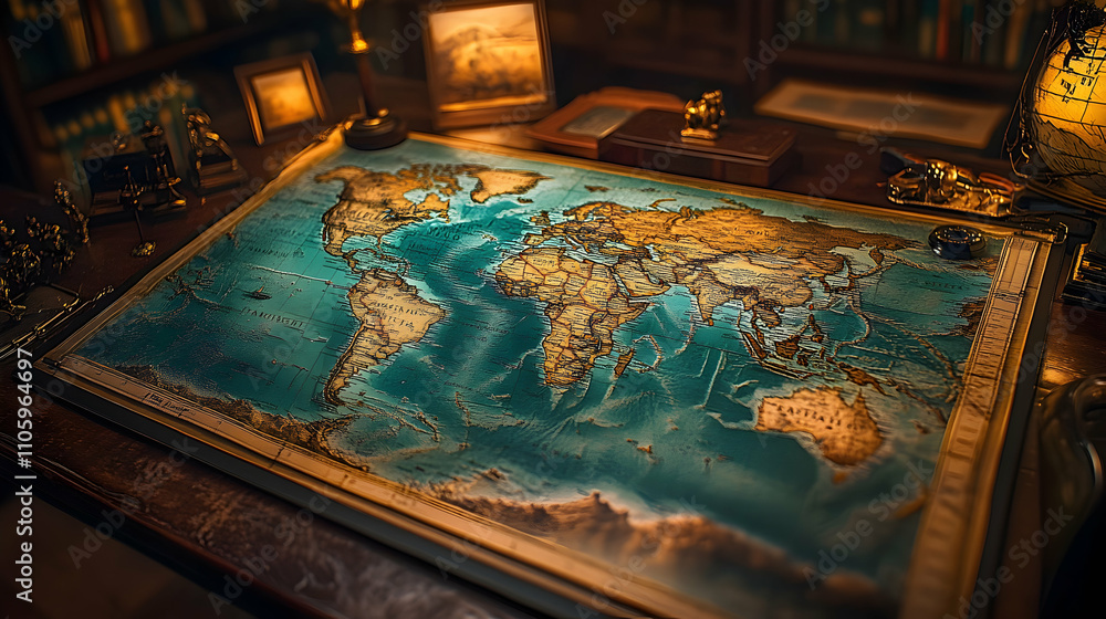 Vintage World Map on a Wooden Desk with Antique Decor, Featuring a ...