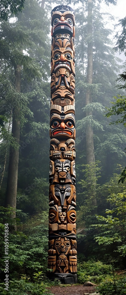 Ancient totem pole carved by Haida artisans depicting family crests and ...