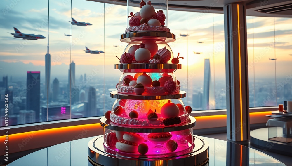 The tiers of the dessert tower are made of gravity-defying orbs of ...