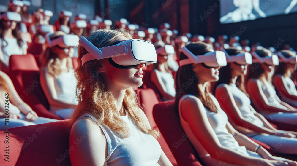 A captivating scene of an audience in a theater, all wearing VR ...