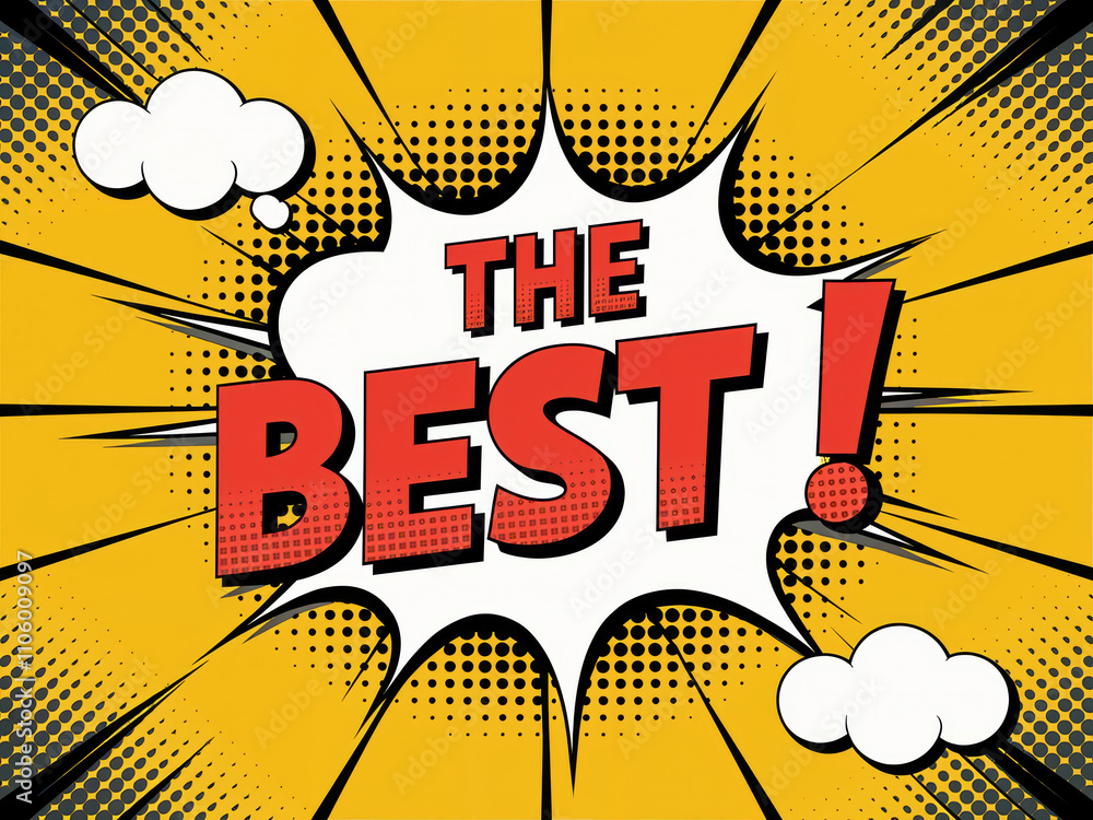 Comic-style pop art with bold yellow background, halftone dots, and ...