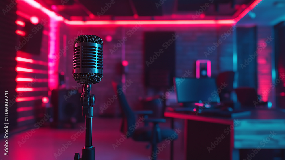 Empty podcast studio interior with no people inside. media broadcasting ...