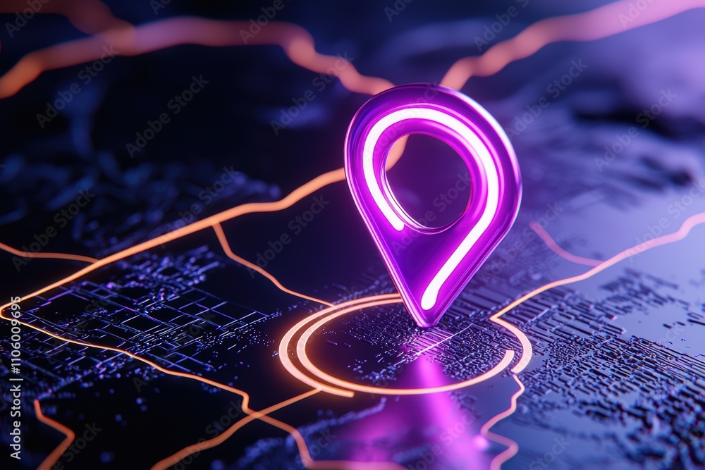 A glowing pink location pin sits prominently on a dark, detailed map ...
