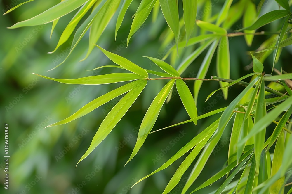 The narrow, lance-shaped leaves of a bamboo plant, showing their smooth ...