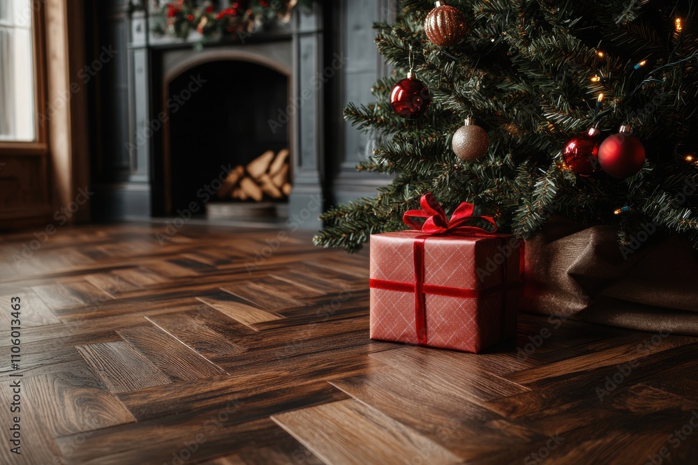 holiday gift wrapping, a gift box under the christmas tree in a cozy ...