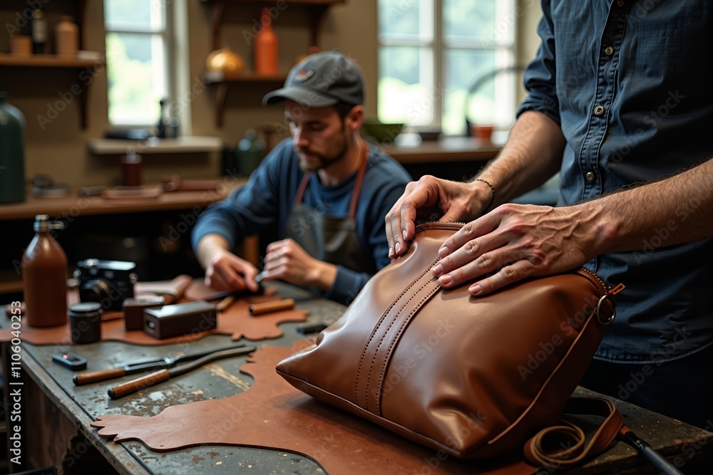 Artisan leather crafting process in a detailed workshop with warm ...