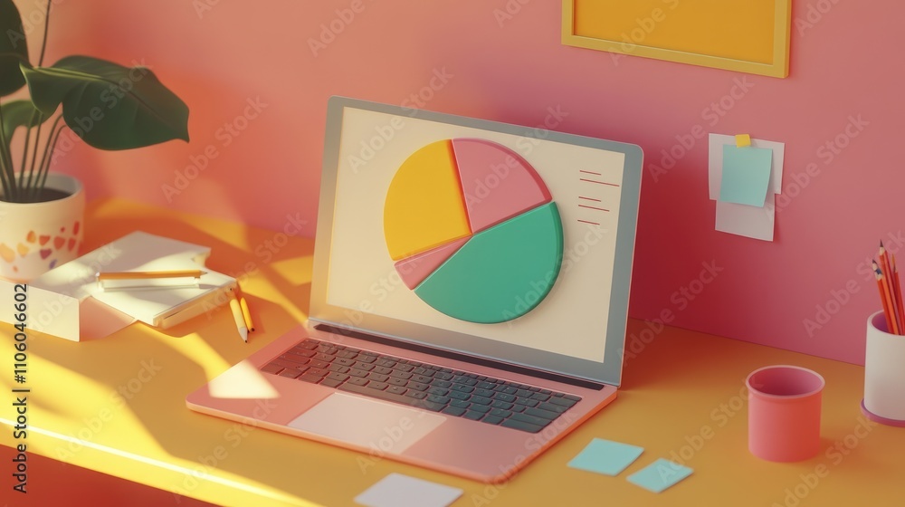 An overhead view of a modern workspace featuring a 3D pie chart on a ...