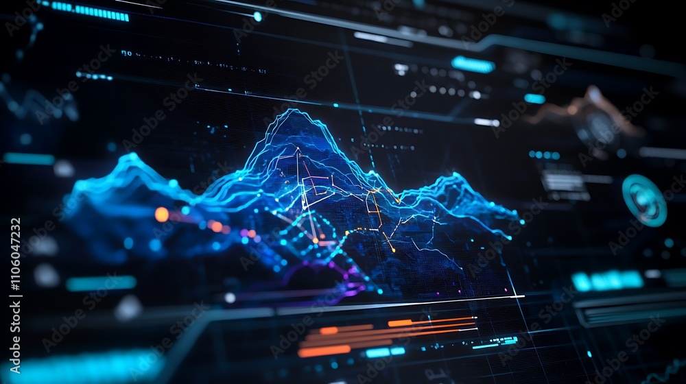 Digital Terrain Map with Illuminated Mountains and Geospatial Data ...