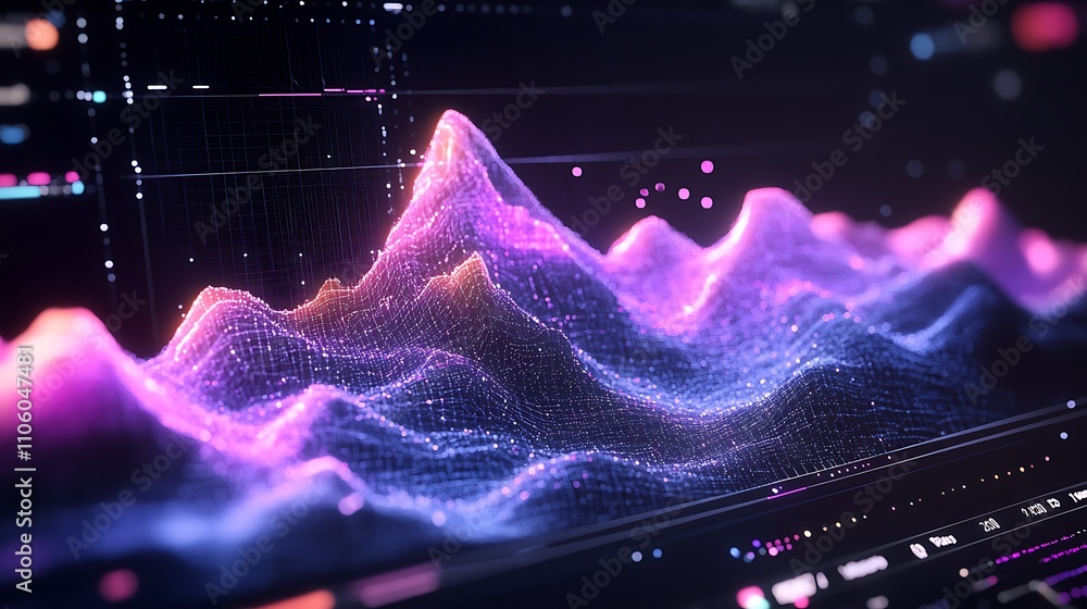 Digital Terrain Map with Illuminated Mountains and Geospatial Data ...