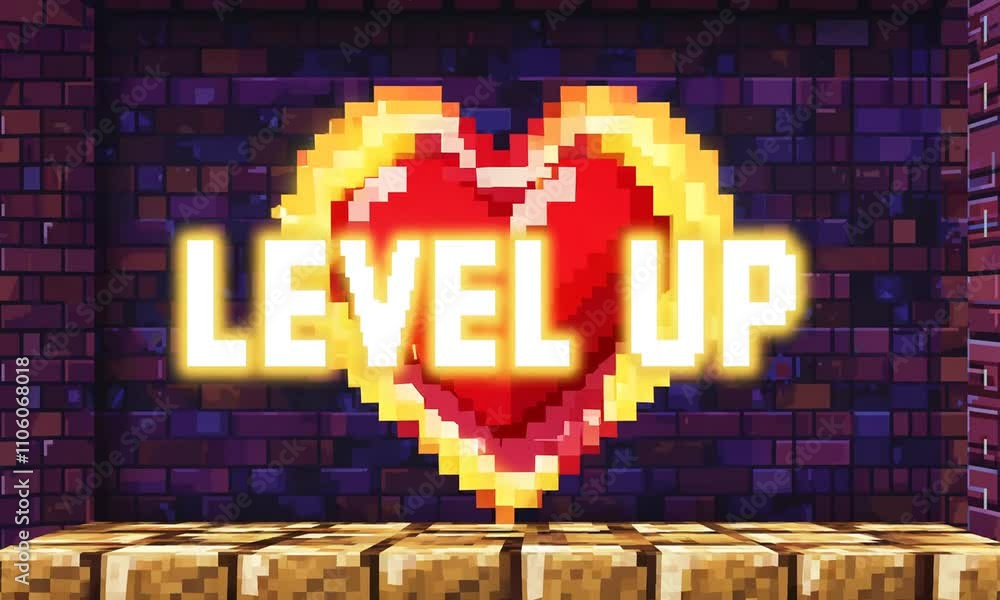 Pixel art level up screen with glowing red heart and text in a vibrant ...