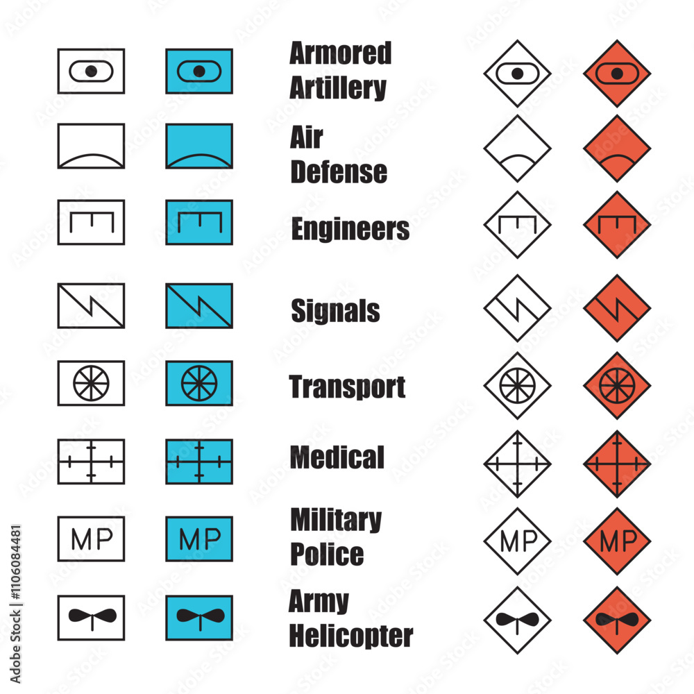 A set of vector symbols and signs of tactical designation of weapons ...