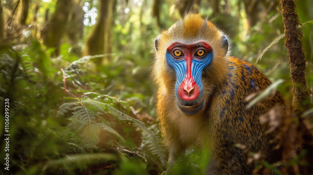 Encounter a striking mandrill with colorful facial markings amidst ...