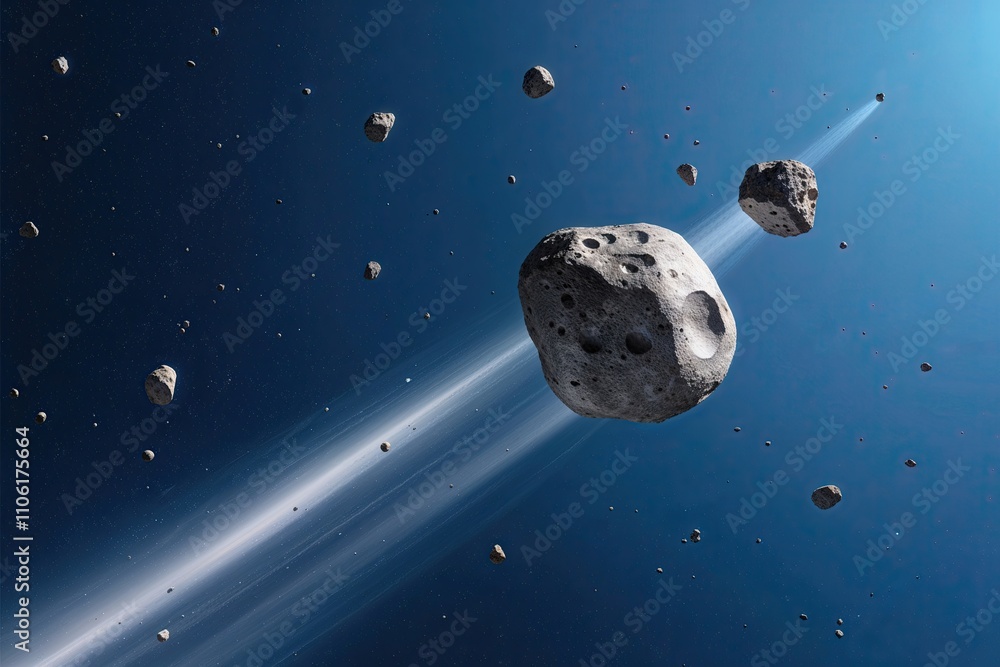 Asteroid Fragment Collection Floating in Outer Space with Blue Sky ...