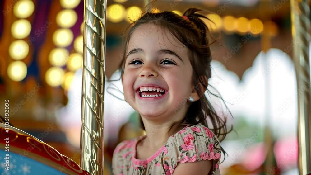 A young girl with long, brown hair rides a carousel horse, her face ...