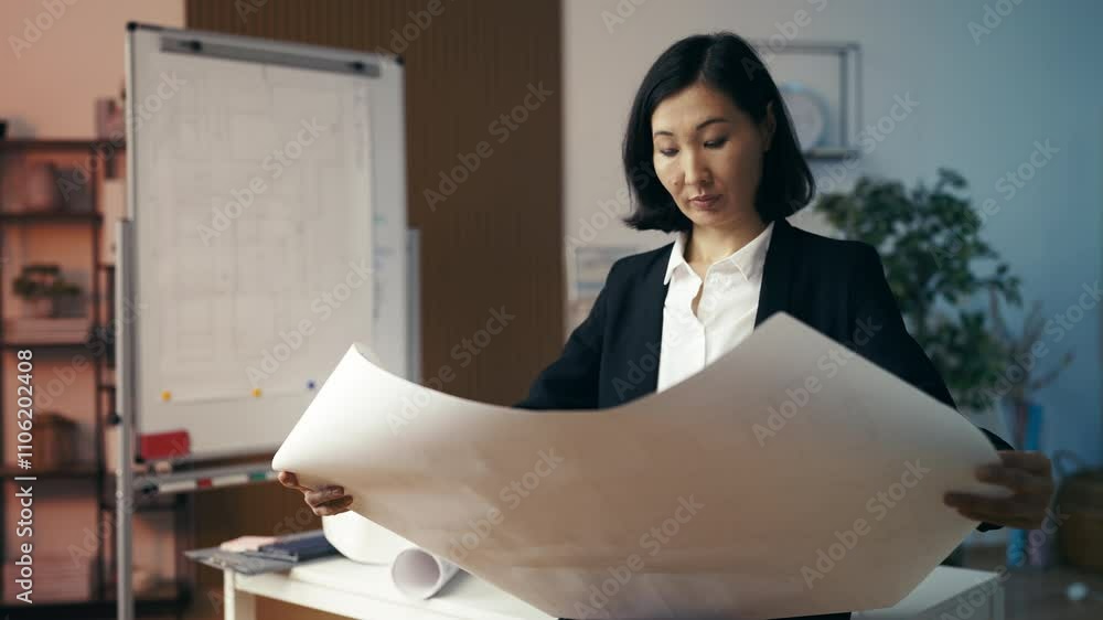 Asian female property developer opens a blueprint in office, reviewing ...