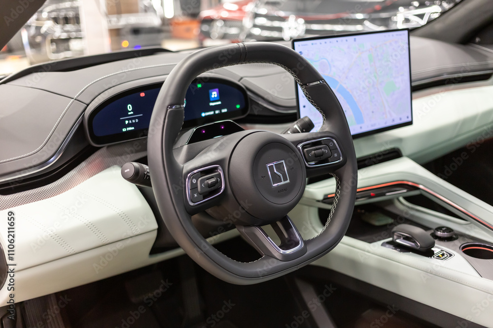 Zeekr brand logo on steering wheel inside Zeekr 001 electric car ...