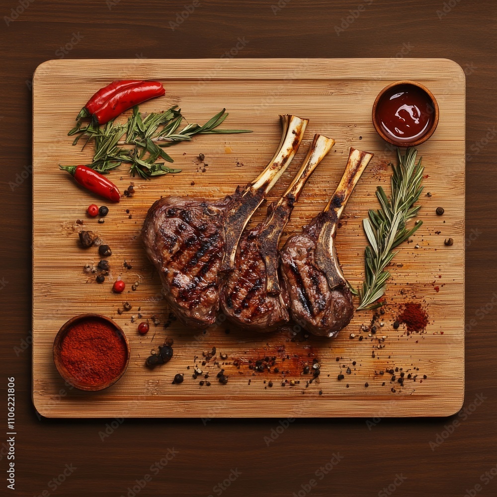 Grilled lamb chops shank on a cutting board. Top and side view of hot ...