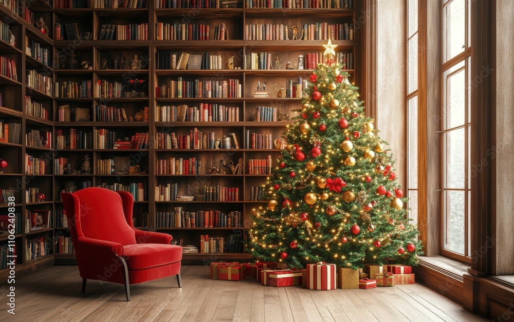 Library or Study Room A traditional Christmas tree with red and gold ...