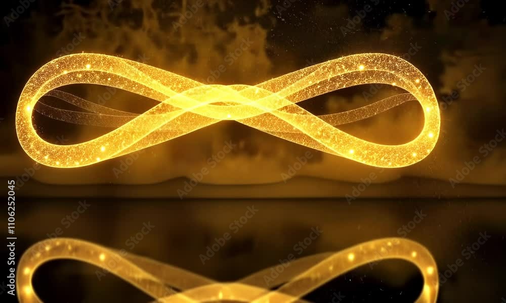 Golden infinity symbol with dynamic fiery background and reflection ...