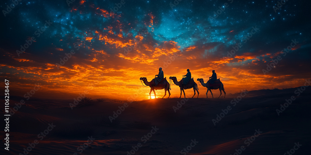 Three Wise Men Traveling Through the Desert, Following the Star of ...