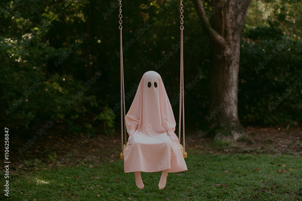 Little Halloween ghost draped in a light rose-colored sheet, playfully ...