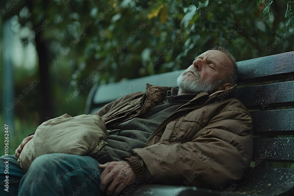 Homeless man lying on a park bench, wrapped in a blanket, surrounded by ...