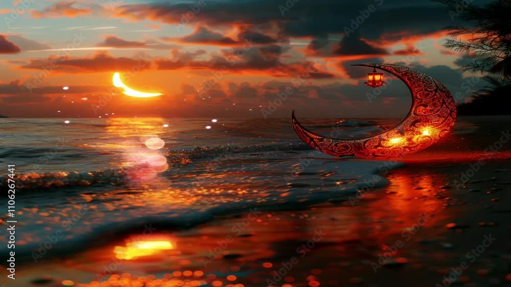 A large crescent moon made of shiny material. The crescent moon is hung ...