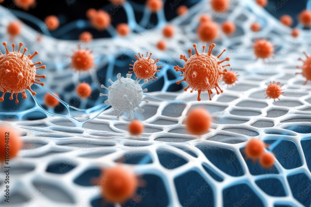 3D illustration of viruses interacting with cell membranes, symbolizing ...