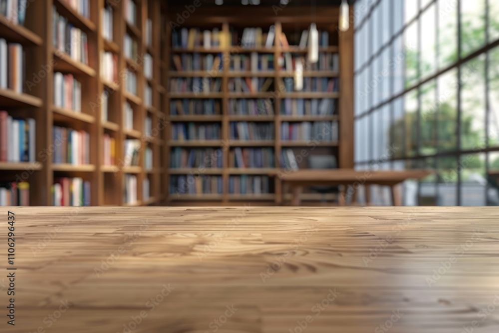 Product display on modern library background with empty wooden table ...