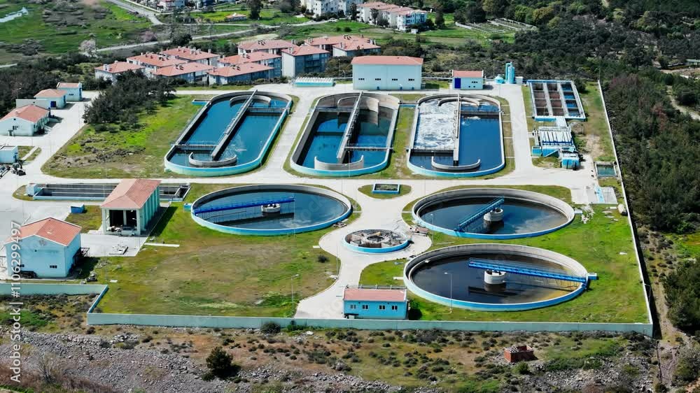 Sewage treatment plant, ponds for recycling dirty wastewater ...