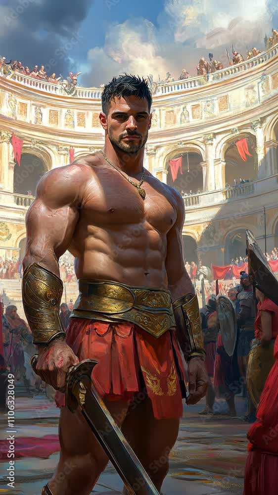 Strong warrior stands confidently in ancient arena surrounded by ...
