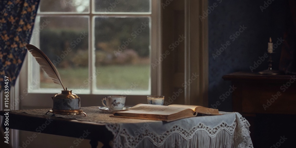 Vintage writing desk with open book, quill, and tea set near window in ...