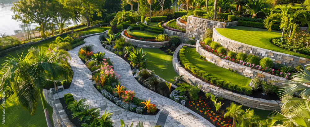 Aerial view of terraced home garden, design of luxury house backyard or ...