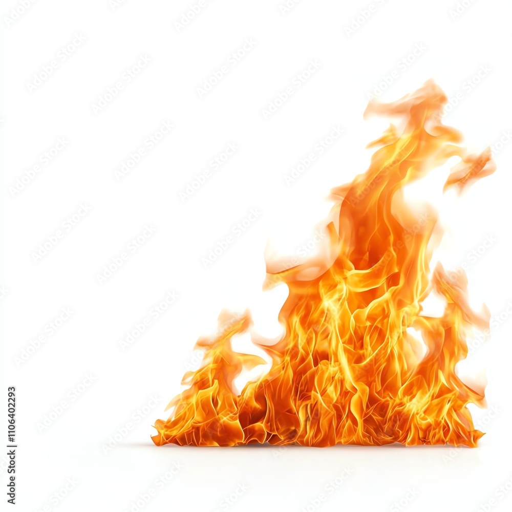 An intense blaze of orange and yellow flames dances against a white ...