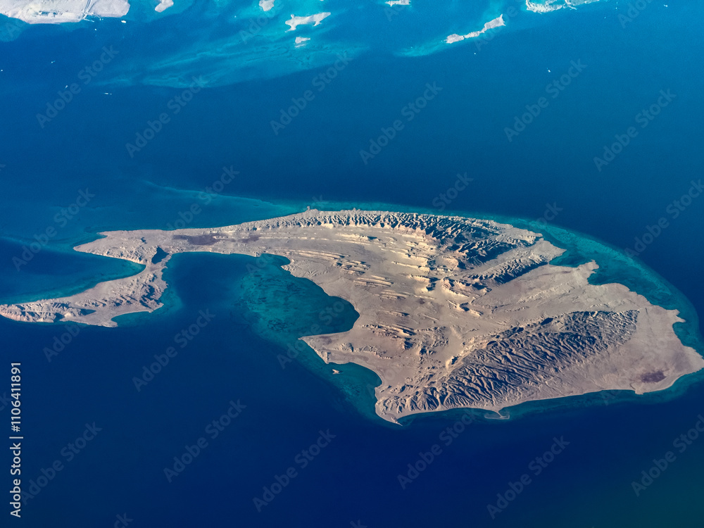 aerial landscape view of Sanafir Island , a Saudi island located in the ...