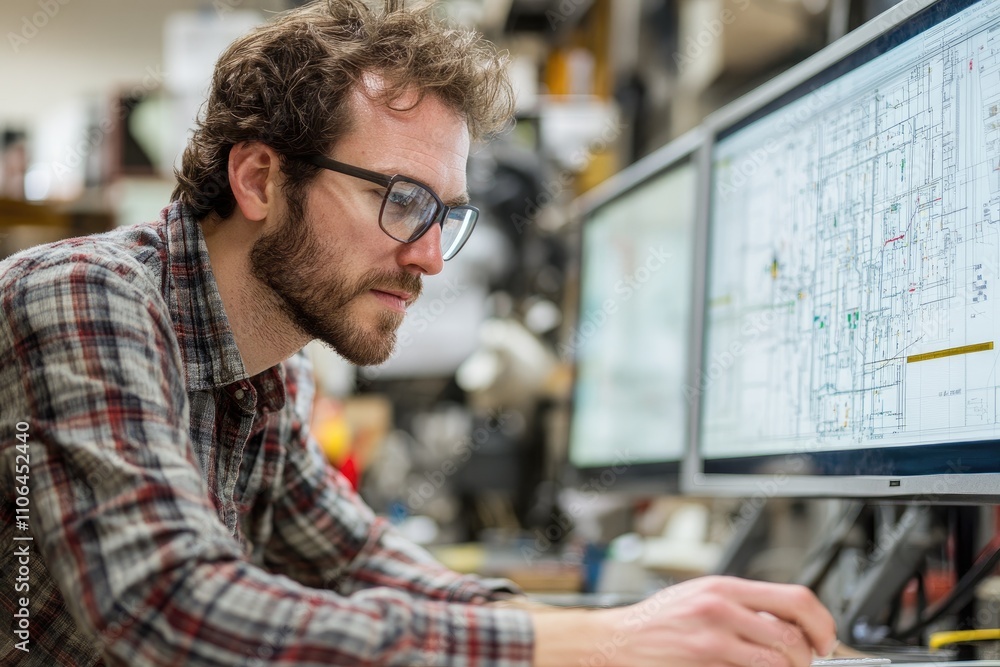 Engineer working on cad software designing a city plan on a dual ...