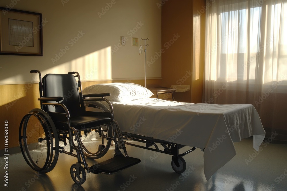 Empty hospital room with a wheelchair next to a neatly made bed ...