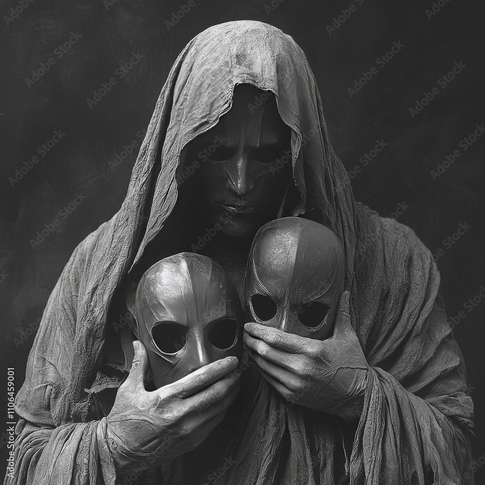 A cloaked figure shrouded in shadows holds two eerie masks, creating a haunting, atmospheric ...