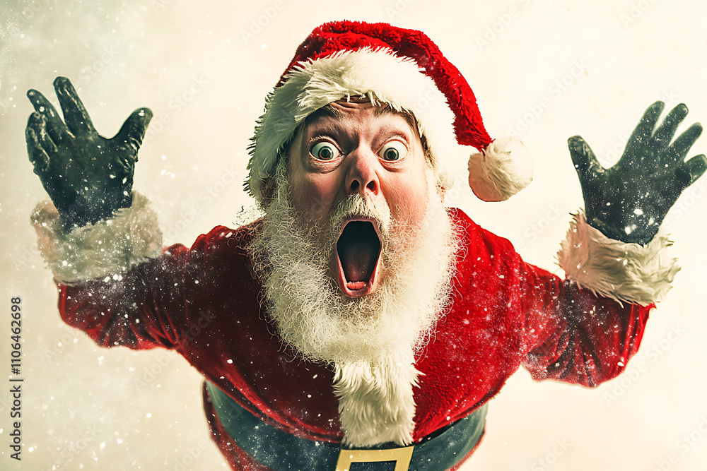 Shocked santa claus is jumping with open mouth, wide eyes and raised ...
