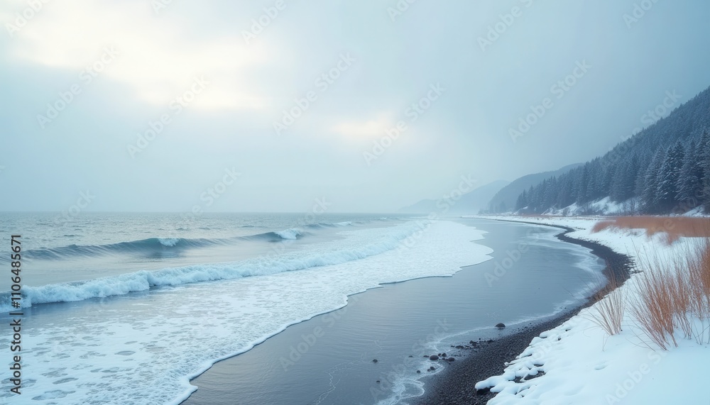 Frozen ocean waves meeting a snowy shoreline under a pale winter sky ...