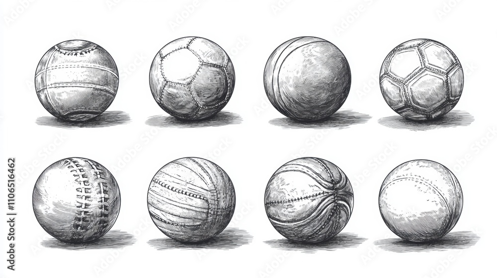 Collection of Hand-Drawn Sports Balls Including Soccer, Baseball ...