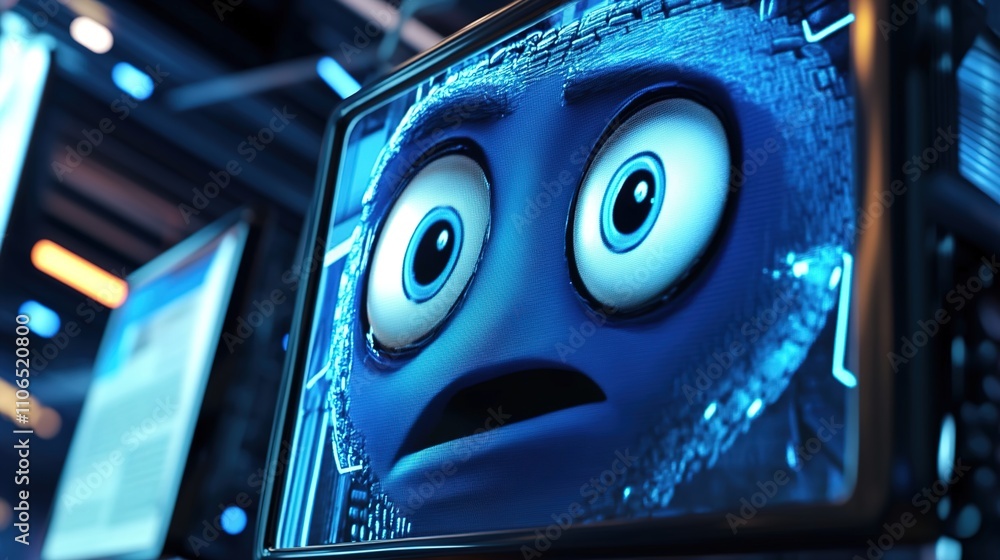 A computer monitor with futuristic details, featuring surprised eyes ...
