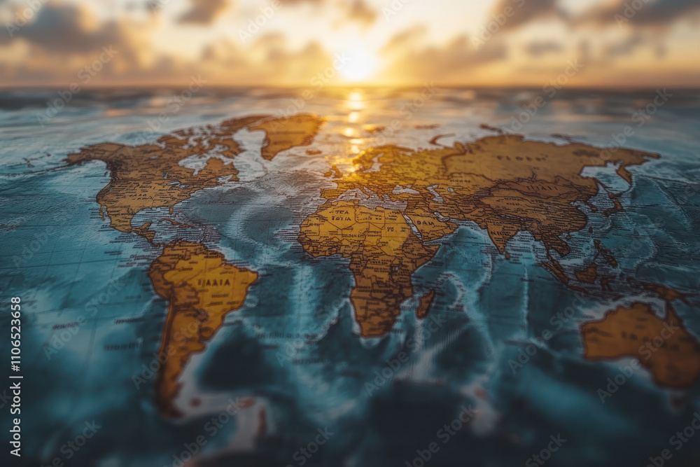 detailed world map with highlighted countries and sunset backdrop ...